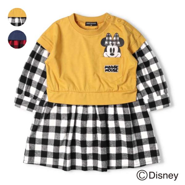 【Disney】人気のディズニーデザインアイテム。 無地とブロックチェック柄の異素材切り替えデザインの重ね着風ワンピース。 １枚でコーディネートが決まるアイテム。 胸のポケットから見えるチェックのリボンを付けたミニーマウスが可愛い！ （ベビ...