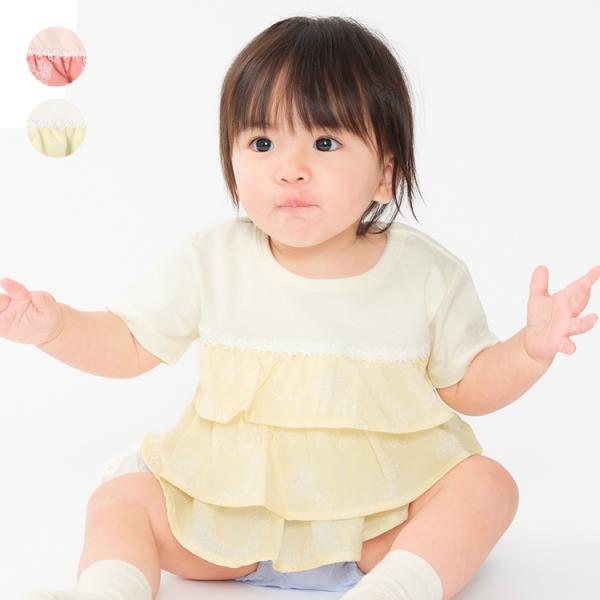 ふわっと広がるティアード切替えデザインの半袖Tシャツ。 コットン、綿100％のカットソーにシャリ感のある花柄が涼し気で夏らしく華やかな印象。      お花のレースもアクセントになっています！          襟ぐりの後ろ部分はお着替えが...