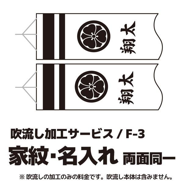 ●同一の家紋とお子様のお名前を両面に染めます。●家紋名とお子様のお名前は、ご注文画面の備考欄へご記入ください。ご注意ください。吹流し加工料金です。吹流しそのものではございません。家紋入れをご希望の鯉のぼり又は吹流しとご一緒にご注文ください。