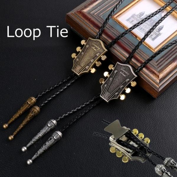 Y1位 アンティーク 紐ループタイ ボロタイ ギターヘッド 全2色・商品詳細カラー：シルバー×ゴールド、ゴールドサイズ：紐長さ約96cm、アクセサリー部分約5cm×4cm素材：合金製（本体）・特徴アンティークなデザイン：ユニークなギターヘッ...