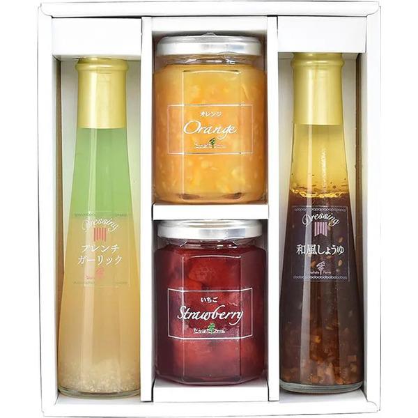 【発売日：2025年04月06日】たかはたファーム ジャム２個入 ドレッシング２本詰合せ ギフト対応可フルーツ本来の色と風味を大切に、甘さを抑えて仕上げたジャムと、ガーリックや椎茸などの素材の持ち味を生かして仕上げたドレッシングの詰合せです...