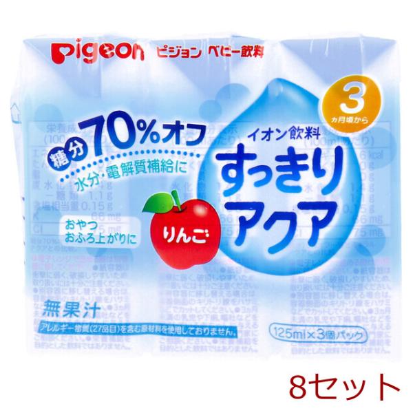 【発売日：2025年01月17日】ピジョン ベビー飲料 イオン飲料 すっきりアクア りんご 125mL×3個パック 8セット水分・電解質補給に！軽くて持ち運びに便利な紙パック飲料。飲みきりサイズの125mL×3個パック。曲がるストローなので...
