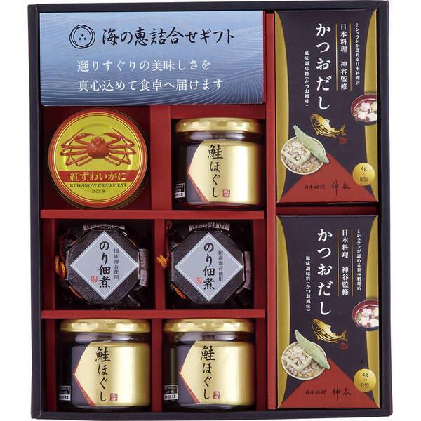 【発売日：2025年02月05日】海の恵詰合せ ZS DZ# ギフト対応可海の恵詰合せ ZS-DZ#ミシュランも認める日本料理神谷監修のかつおだしが入ったギフトです。【パッケージサイズ】265×75×300mm【内容】鮭ほぐし：50g×3、...