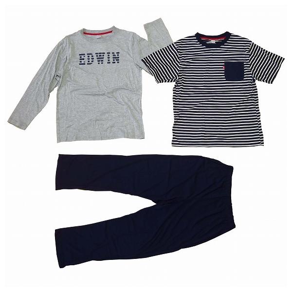 ◎画像の色は売り切れました。只今の在庫は同じ柄で色が変わります。ボーダーの半袖は明るいブルー系で無地の長袖はネイビーでズボンはグレーになります。◎エドウィン2TOPの紳士パジャマです。◎本体（長ズボン＋長袖シャツ）＋半袖Tシャツ------...