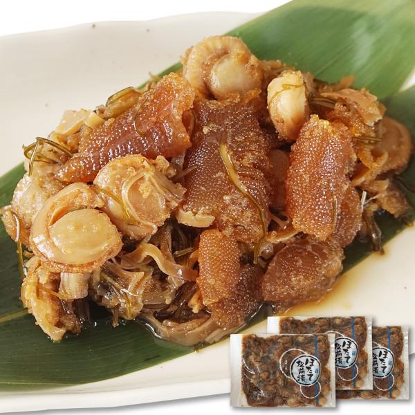 北海道産のほたて貝とプリプリの数の子をふんだんに使い、松前漬けの大事な粘りに「がごめ昆布」と、旨みの大切な国産のスルメイカをたっぷりと使用し漬け込んだ、旨味と食感にこだわった高級海鮮珍味のホタテ松前漬け。内容量300g×3袋 原材料するめ（...