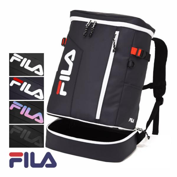 デカロゴが可愛い！FILAのリュックサックです。大人気のスクエア型で、ダブルファスナーをグルッと開くと中身も見やすく取り出しやすい！B4サイズ収納可能。開口部が大きく開くボックス型なので、視認性が高く、荷物が取り出しやすい設計になっています...