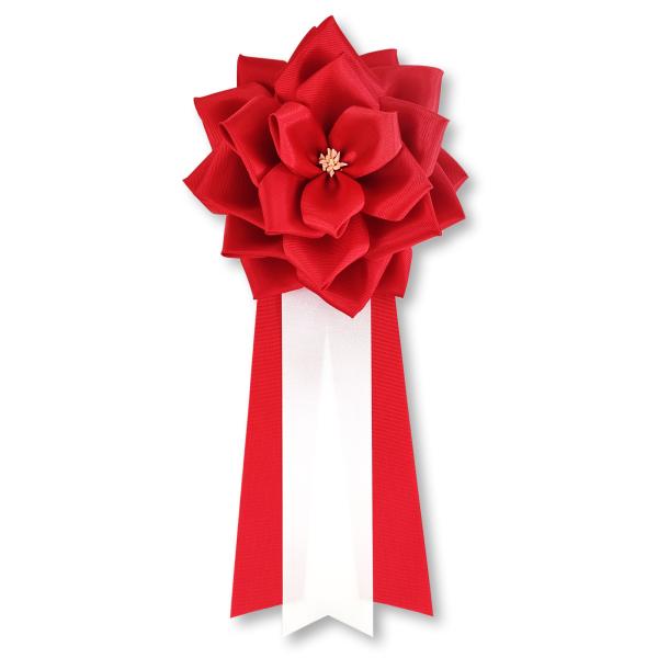 【商品概要】・式典やイベントで胸に付けるバラのリボン（記章・徽章・胸章）です。・安全ピンだけでなく、クリップもついているので、洋服やお着物に安全ピンで穴をあけてしまうことがなくご利用いただけます。・お名前を書く「タレ」は両面テープで接着して...