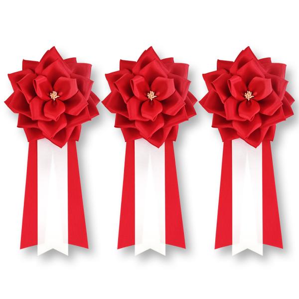 【商品概要】・式典やイベントで胸に付けるバラのリボン（記章・徽章・胸章）です。・安全ピンだけでなく、クリップもついているので、洋服やお着物に安全ピンで穴をあけてしまうことがなくご利用いただけます。・お名前を書く「タレ」は両面テープで接着して...