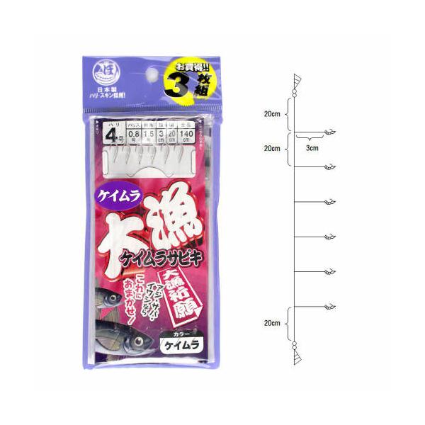 ●カラー:ケイムラ ●サイズ:4号 ●使用針:小アジ丸軸(白) ●入数:6本針×3セット ●全長（針・仕掛）:140cm ●ハリス号数:0.8号 ●幹糸号数:1.5号 ●エダス長さ:3cm ●幹糸間:20cm ●釣り方、フィールド:堤防サビ...