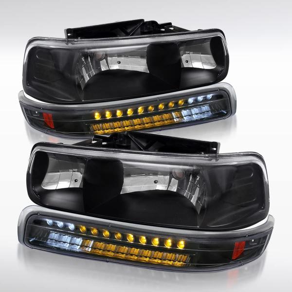 商品名: Autozensation 1999-2002 シボレー シルバラード 2000-2006 シボレー タホ/サバーバン ブラック ハウジング クリア レンズ ヘッドライト + LED バンパー ライト L + R ペア ヘッドラン...