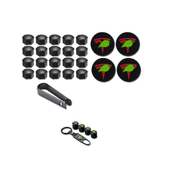 商品名: CoolKo エクステリア デコレーション 4 ホイール センターキャップ &amp; 20 ラグナットカバー &amp; エアキャップカバー 互換モデル X S Y 3 [ブラック と レッド T ロゴ キャップ] CoolKo...