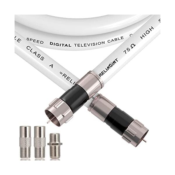 商品名: 10フィート、ホワイト RG6 同軸ケーブル、Fコネクタ付き、F81/RF ダブルメスアダプター、低損失高速同軸ケーブルコードエクステンダー HD TV、ディッシュ、衛星、アンテナ、TVケーブル用 10' RELIAGINT 10...