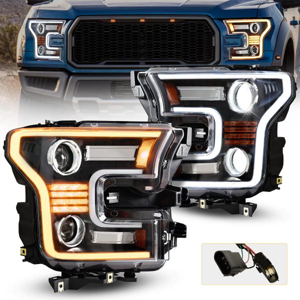 商品名: POKIAUTO フルLEDヘッドライト F-150 15-17用 LEDプロジェクターヘッドランプアセンブリ スイッチバックDRLダイナミックアニメーションシーケンシャルウィンカー付き Ford F150 2015-2017用 ...