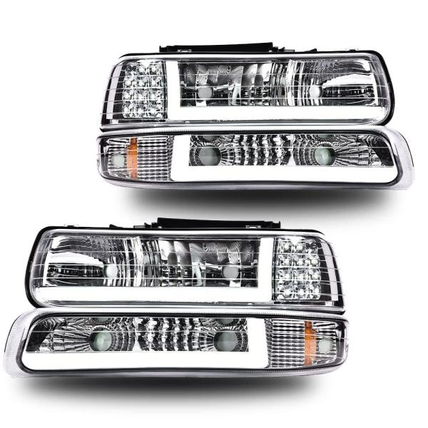 商品名: CHEDA LED DRL ヘッドライトアセンブリ 1999-2002 シボレー シルバラード/フィット 2000-2006 サバーバン タホ クリアレンズ クロームハウジング アンバー リフレクター ヘッドランプ ファロス Co...