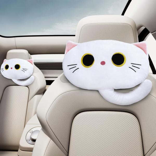 商品名: EVOLVEOVER ホワイトカーヘッドレスト枕 カートゥーンカーシート枕 猫首サポート ぬいぐるみクッション 運転席用 (2個) EVOLVEOVER White Cat Car Headrest Pillow Cartoon ...