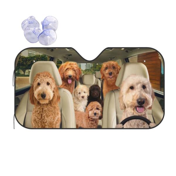 商品名: Goldendoodleフロントガラスサンシェード 熱反射板 ヒートシールド サンシェード 車を涼しく保ちダメージフリーに 使いやすい 55x30インチ ほとんどのセダン/SUV/トラック/自動車用 Goldendoodle Wi...