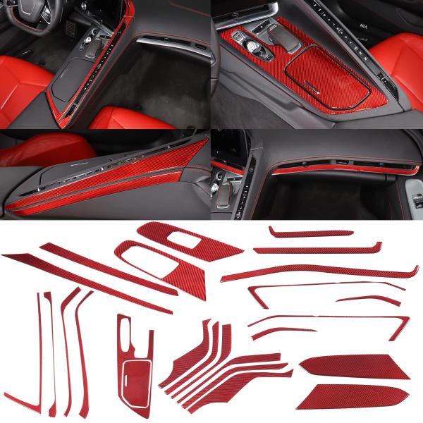 商品名: Fgtagtal 25個 リアルカーボンファイバー内装トリムキット シボレー コルベット C8 2020-2023、コンソールストレージパネルカバー、ウィンドウリフトトリムスイッチパネルカバートリムセット(25個セット、レッド) ...