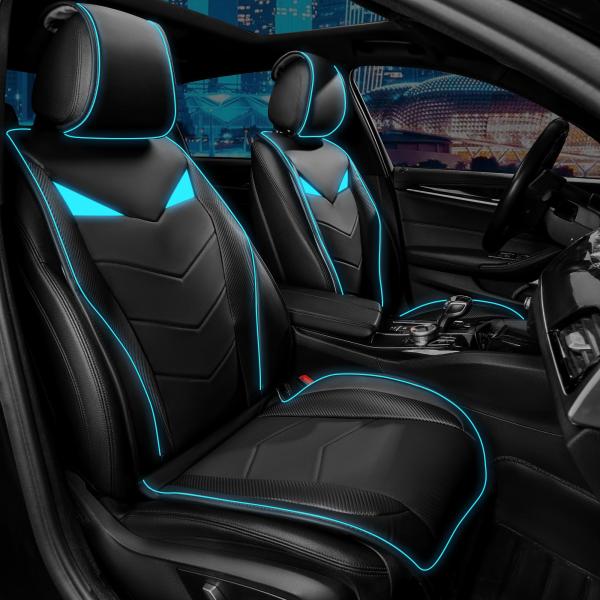 商品名: CAR PASS レザーフロントシートカバー LEDライト付き サウンドアクティベート音楽同期 リトルモンスターアイ照明 フロントシートカバー セダン/SUV/バンにのみユニバーサルフィット エアバッグ対応 (ブラックとミント) ...