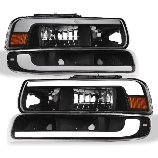 商品名: TLAPS 7422439820883 シボレーシルバラード1999-2002 / サバーバンタホ 2000-2006 DRL LEDストリップバー ブラックハウジングヘッドライト シグナルバンパーライト付き アンバーリフレクター...
