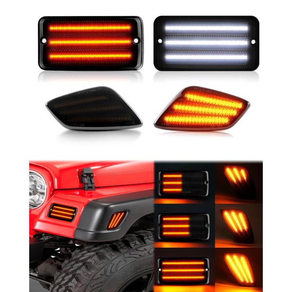 商品名: PWOBVZ スイッチバック LED フェンダー ウィンカー サイドマーカーライト Jeep Wrangler TJ 1997-2006用 4個 スモークレンズ シーケンシャル アンバー ホワイト パーキング DRL ホワイト 3...