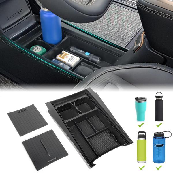 商品名: センターコンソールトレイ スライドカバー付き プッシュプル収納ボックス 調節可能なカップホルダーインテリアアクセサリー Rivian R1T/R1S 2022 2023 2024に対応 Center Console Tray wi...