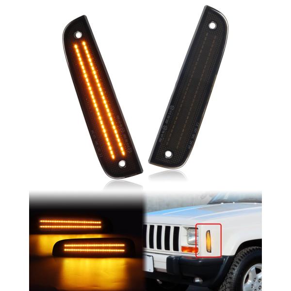 商品名: PWOBVZ アンバー LED フロントサイドマーカーライト Jeep Cherokee XJ シャーシ 1997 1998 1999 2000 2001 スモークレンズ フロントバンパー コーナー 駐車信号ランプ 2個パック P...