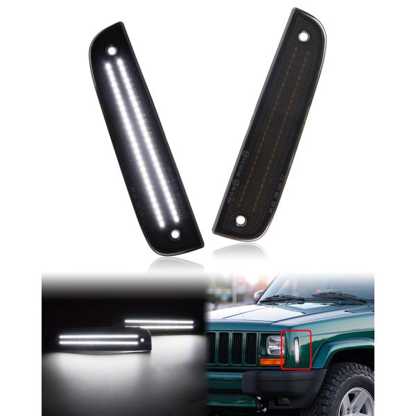 商品名: PWOBVZ ホワイトLEDフロントサイドマーカーライト、ジープチェロキーXJシャーシ1997 1998 1999 2000 2001、スモークレンズフロントバンパーコーナーパーキングシグナルランプ、2個パック PWOBVZ Wh...