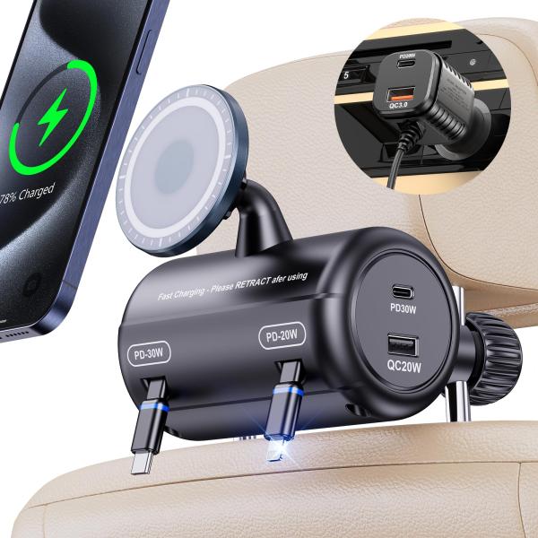 商品名: マグネット式車載マウント付き格納式車載充電ステーション Backseat Retractable Car Charger Station,5-in-1 Headrest Charging Box 100W Max with Mag...