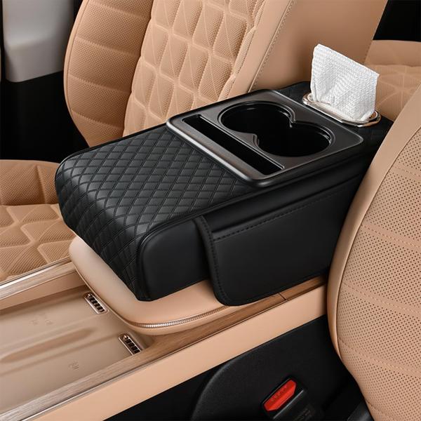 商品名: XINGNUANSI 改良版カーセンターコンソールカバー、ポケットとティッシュボックスとカップホルダー付き、レザーカーセンターコンソールアームレストカバー、SUV/トラック/車両用インテリアカーアクセサリー(エンボス加工ブラック)...