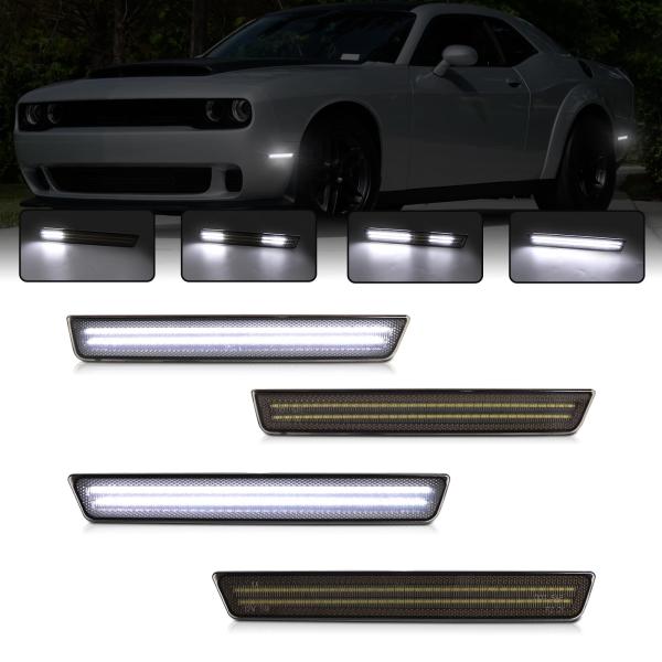 商品名: Arelokpri ダイナミックフロントリアサイドマーカーライト交換用 ダッジチャレンジャー2015-2023、ホワイトLEDバンパーマーカーランプアクセサリー、スモークレンズバンパーランプ4個 AreLokpri Dynamic...