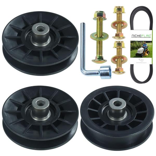 商品名:  NICHEFLAG 2 Pack 532194326 Idler Pulley with 532194327 Pulley Idler Flat 1/2x92 A90 Belt Repalces 194327 Drive Pul...