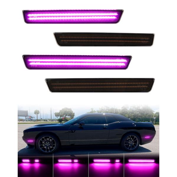 商品名: ダイナミックピンクパープルLEDサイドマーカーライト ダッジチャレンジャー 2015 2016 2017 2018 2019 2020 2021 2022 2023 スモークレンズ フロントリアバンパーフェンダーランプ、4個パック...