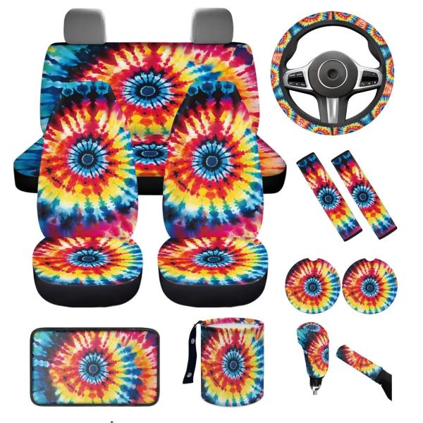 商品名:  Dngkaoje Tie Dye Car Seat Cover Set 13 Pcs Hippie Tie Dye Print Car Interior Accessories Full Set for Women Girly ...