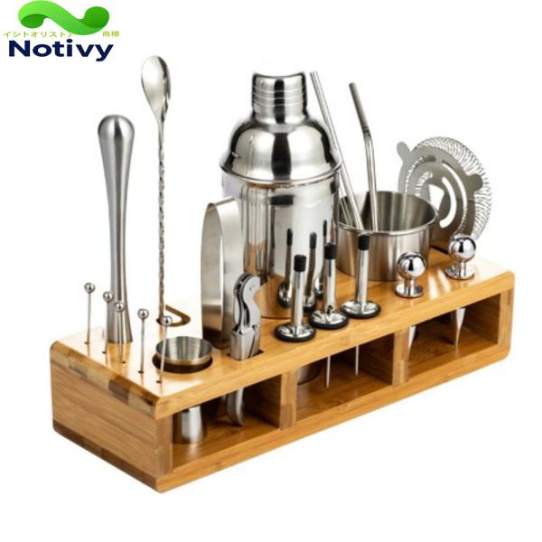 製品コア情報：名称はステンレススチールカクテルセットで、カクテルツールがシルバー、ベースが竹色。材質はステンレススチール、サイズはサイズ図を参考。シェーカー、ピクス、フィルターなど 23 点のツールとウッドスタンドを含み、調酒ニーズを一括満...