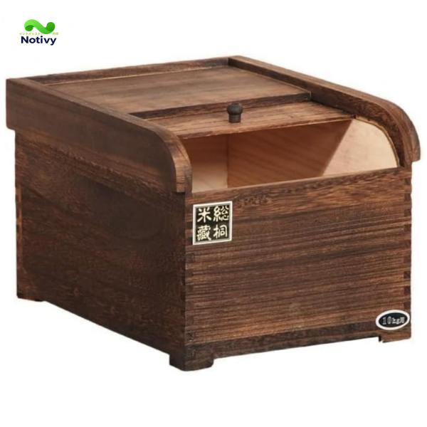 【米櫃のサイズ】米櫃は4つのサイズを選択できます。5kg：29×24×20.5cm、10kg：36×28.5×24cm、15kg：42×33×26cm、20kg：42×33×33.5cm。 【米びつの材質】天然木（桐木）。米びつは軽薄で、防...