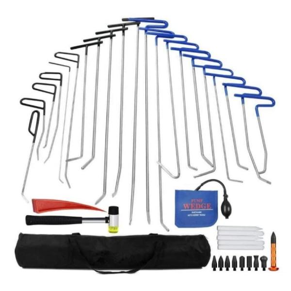 凹み直す工具プロの車表の凹み直し工具です。雹、石などの物に凹みつけられた車表を修復して、元のの塗膜を傷つきません、便利なデントリペア ツールセットです。商品内容高品質のステンレスで出来た修復ロッドは違いタイプの21本があるだけでなく、修復ペ...