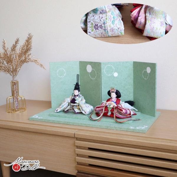 雛人形 コンパクト モダン おしゃれ インテリア ひな人形 おひなさま 柳 親王  蔓草花  グリーン 雪輪牡丹 かわいい お雛様 雛 親王飾り 増村人形店 MMN3011盛上手描きセット iwaサイズ 幅 約50cm × 奥行 約28cm...