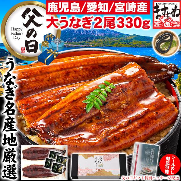 ★この商品は、父の日の特別贈答ギフトパッケージでの配送仕様の商品です★165g前後の国産鰻蒲焼き2本、合計330g前後。シールのし対応、化粧箱入、タレ&amp;山椒付、食べ方ガイド付。日本のうなぎ三大名産地、鹿児島の大隅半島・愛知の三河・宮...