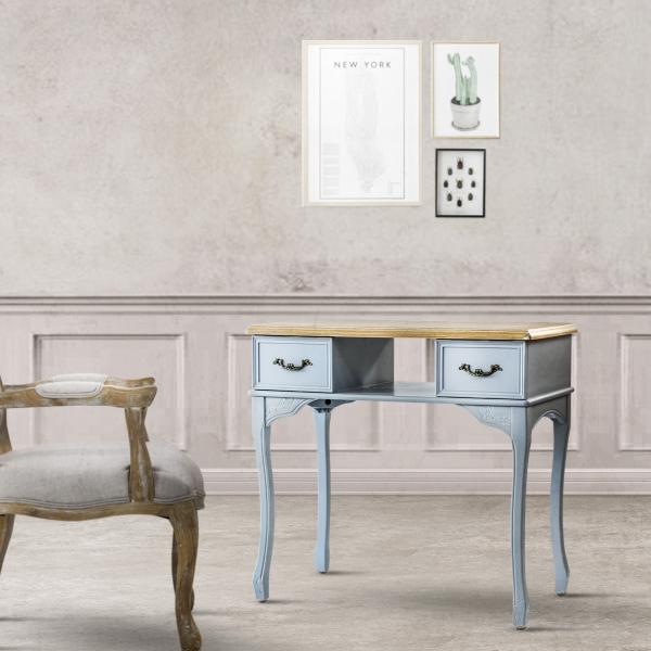 ネコ脚が特徴的なネイルテーブル。開閉が可能な引出しを片面に(反対側はダミー)ご用意しました。※お客様組み立て商品です。（組み立て説明書付き）【サイズ】W800/D450/H750【素材】木【カラー】ブルーグレー【検索ワード】机 デスク テー...