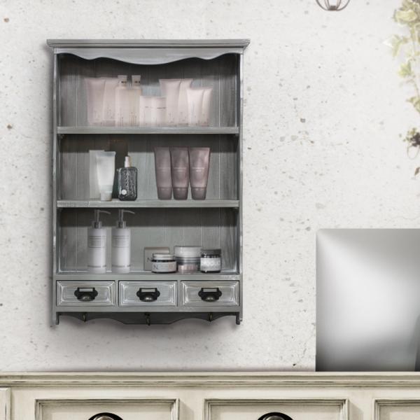 デザイン性だけでなく、機能性を兼ね備えたアンティーク調のウォールラックです。サロン空間に合わせて、ブルーグレー、シャビーウッド、ホワイトの３色展開しています。【考え抜かれた高い収納力】上から3段目までは、一般的によくあるサイズのシャンプーや...