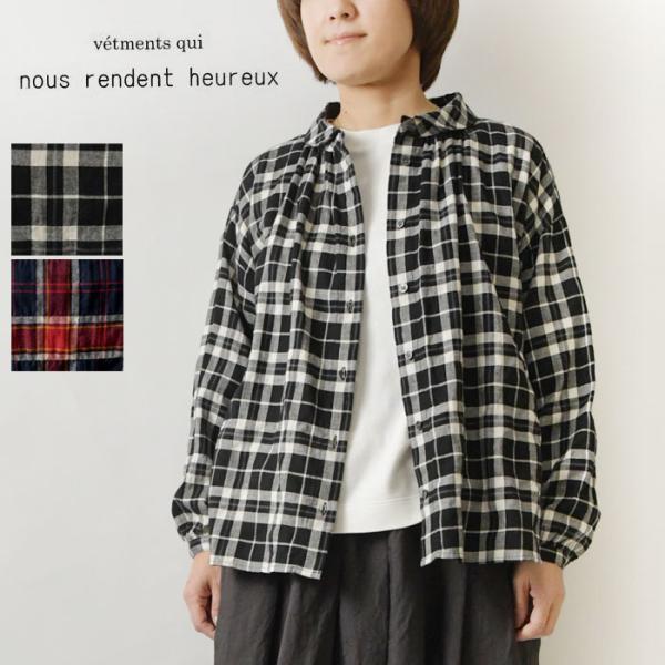 【ネコポス便対応】【nous rendent heureux ヌーランドオロー】よりヘリンボーン チェック 丸衿 ビッグ ブラウスのご紹介です。ヘリンボーン織りで表現したチェック柄が印象的な、丸衿のビッグブラウスです。柄に奥行きがあり、シン...