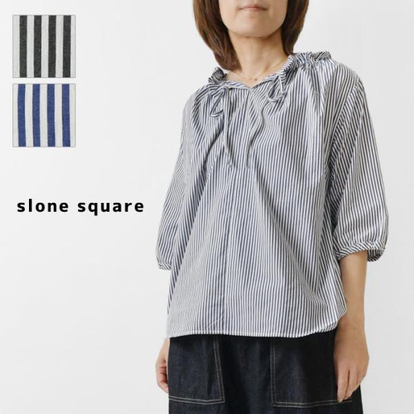 【ネコポス便対応】【slone square スロンスクエア】より、細ストライプ 衿リボン通し 6分袖 プルオーバー ブラウスのご紹介です♪60ローンの柔らかく薄くて肌触りの良いコットン100％素材です。主張しすぎない爽やか上品なストライプ...