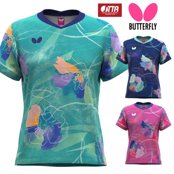 バタフライ ユニフォーム ゲームシャツ レディース水彩タッチのにじみと繊細かつ大胆なストロークが調和した花柄の卓球ウエアです。【JTTA公認】ゲームシャツカラー123：ターコイズブルー178：ネイビー228：マゼンタ日本製・JTTA 日本卓...