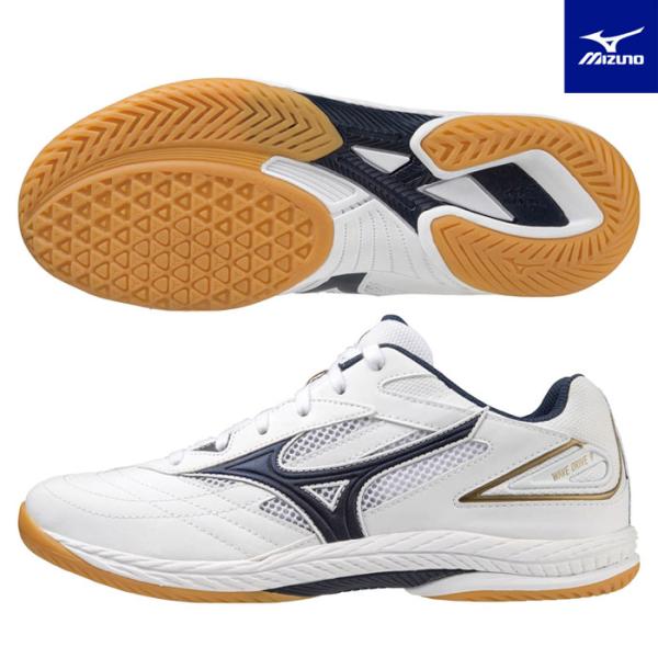 ミズノ 卓球シューズ ウエーブドライブ9メンズ レディース柔軟・素足感覚を高める新ソールを搭載した9代目DRIVE。カラー　14：ホワイト×ネイビー×ゴールド甲材／人工皮革、合成繊維底材／合成底原産国　ベトナム製質量　約235g（26.0c...