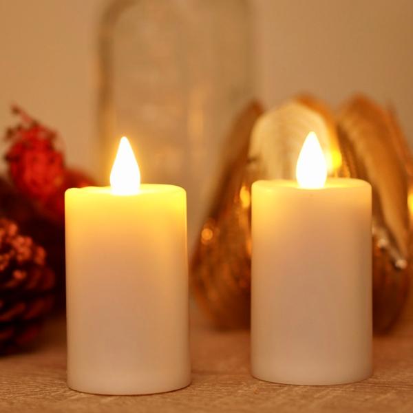 【製品仕様】本体サイズ：約直径4×高さ8（cm）炎含む炎サイズ：約直径1×高さ1.8（cm）カラー：乳白色素材：プラスチック樹脂スイッチ：底面オンオフ切り替えスイッチ電池：単三乾電池 x 2 （テスト用電池付き）充電式電池など直径の太い電池...