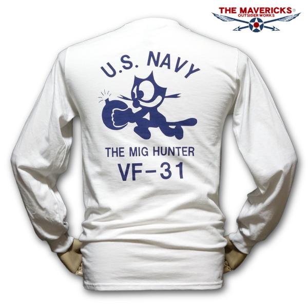 「THE MAVERICKS」USコットン・ロングスリーブTシャツ※「THE MAVERICKS OUTSIDERWORKS」は登録商標（登録番号：第6215840号）★米海軍の部隊キャラクター不屈の黒猫モデル★前面左胸にはステンシルデザイ...