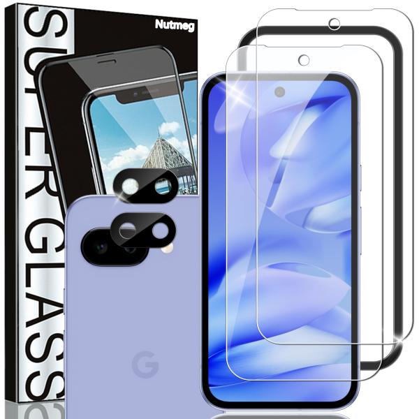 Nutmeg【ガイド枠付き 2＋2枚】Google Pixel 9a ガラスフィルム 2枚 + Google Pixel 9a カメラフィルム 2枚【日本旭硝子素材製】Pixel 9a フィルム グーグルピクセル9a 保護フィルム 強化ガラ...