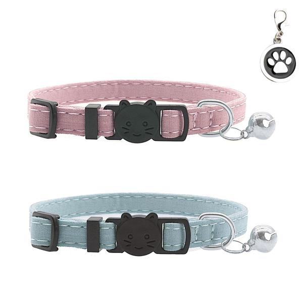 Leaya 猫 首輪 2個セット ペット首輪 猫用首輪 迷子札付き 鈴付き リボン付き 猫型セーフティバックル かわいい サイズ調整可能 軽い シンプル ピンク ブルー (C) ・【サイズ調整可能】首回りのサイズは：20-28CM、幅が1c...