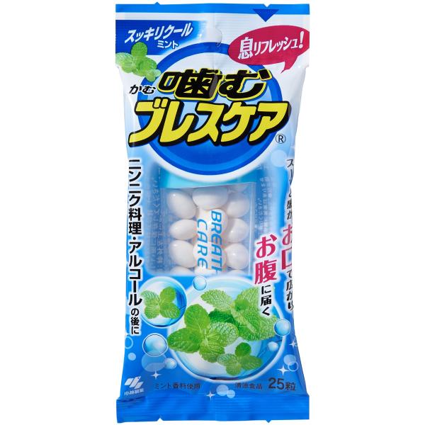 噛むブレスケア グミ ミント 青 25粒×1個 ・25粒・37・70mm×25mm×145mm・日本・砂糖、マルトース、水飴、ゼラチン、還元水飴、でん粉、植物油脂、ソルビトール、乳酸カルシウム、香料、増粘多糖類、乳化剤、光沢剤