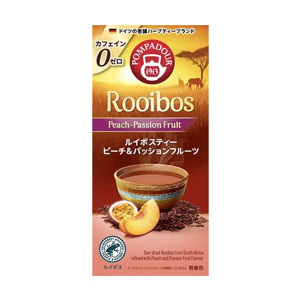 ポンパドールルイボスティー ピーチ&amp;パッションフルーツ 1.75g×10袋 ・原材料:アップル、ローズヒップ、ハイビスカス、ステビアリーフ、ピーチ・パッションフルーツビッツ(マルトデキストリン、ピーチ、パッションフルーツ)/香料、ク...
